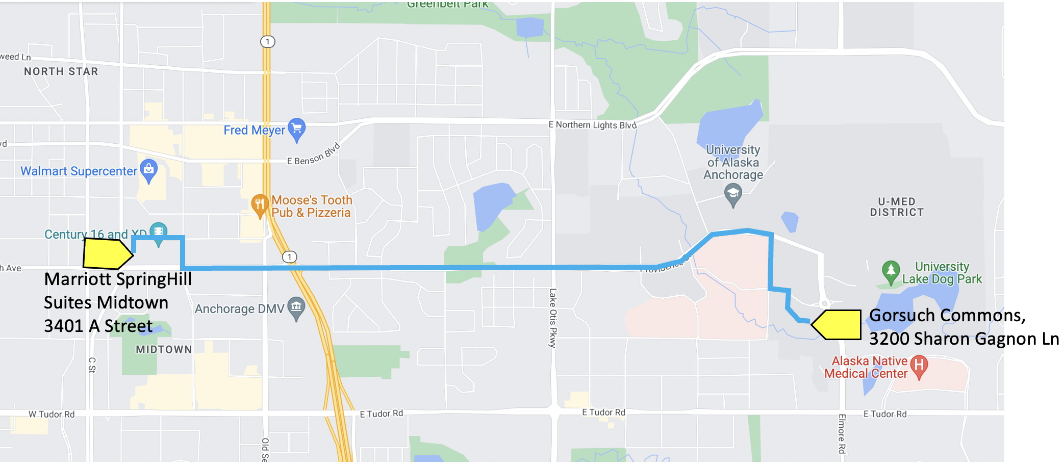 Map from hotel to UAA campus