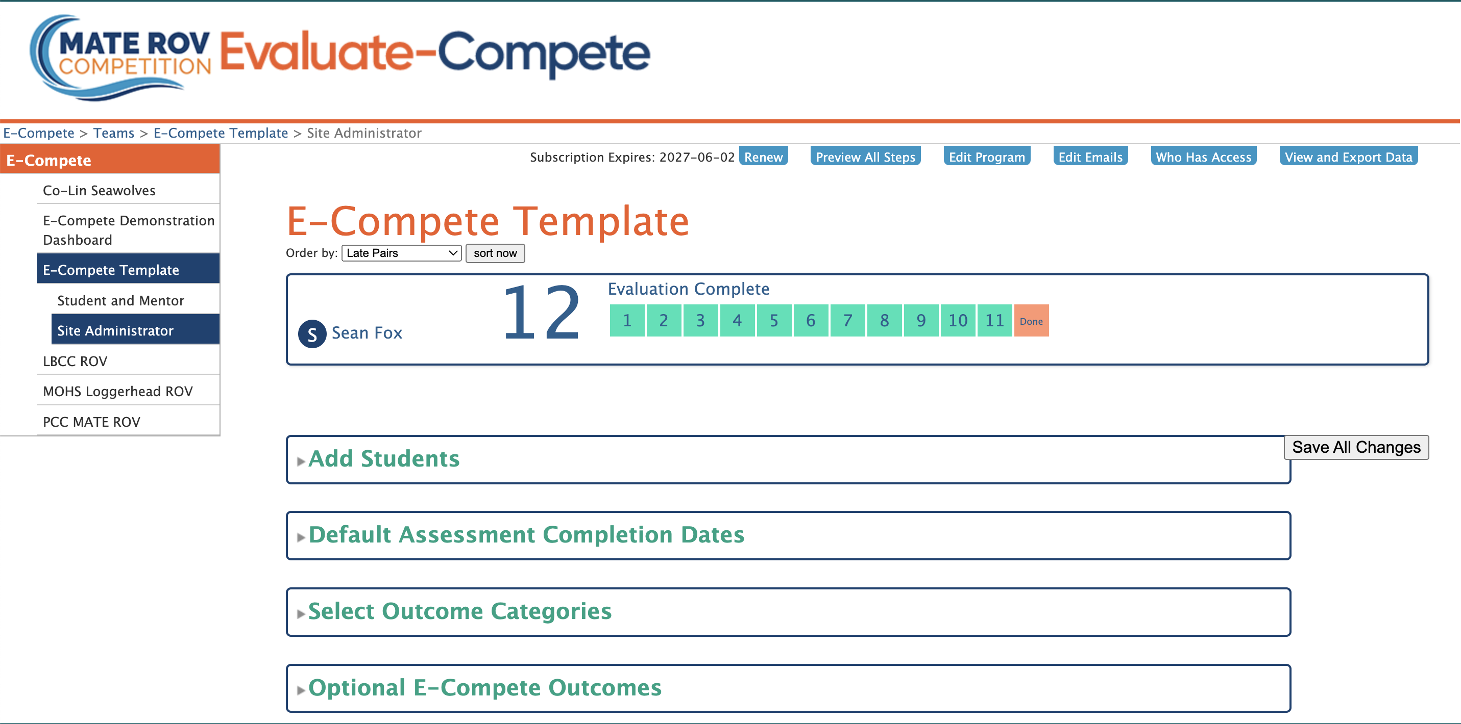 screenshot of E-Compete dashboard