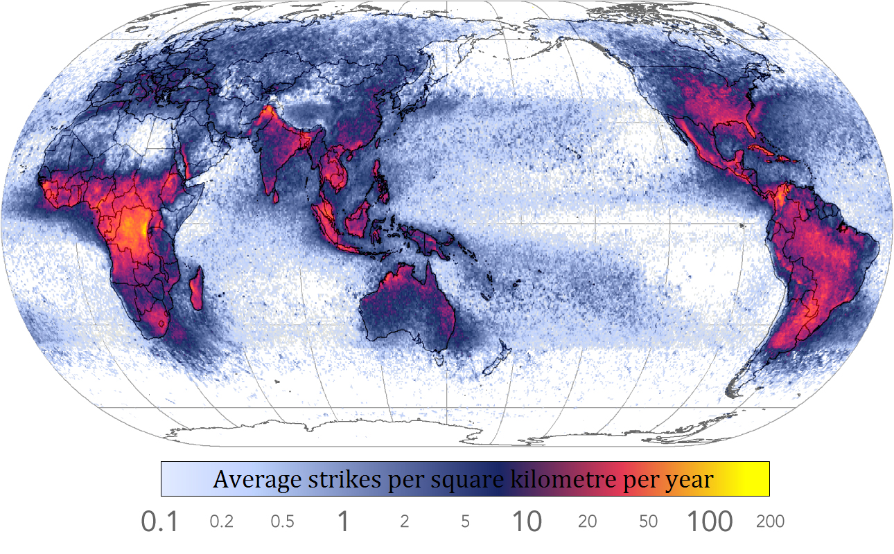 Global distribution of lightning strikes